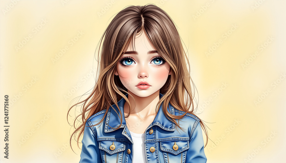 Sad young girl in denim jacket with tearful eyes, emotional portrait ...