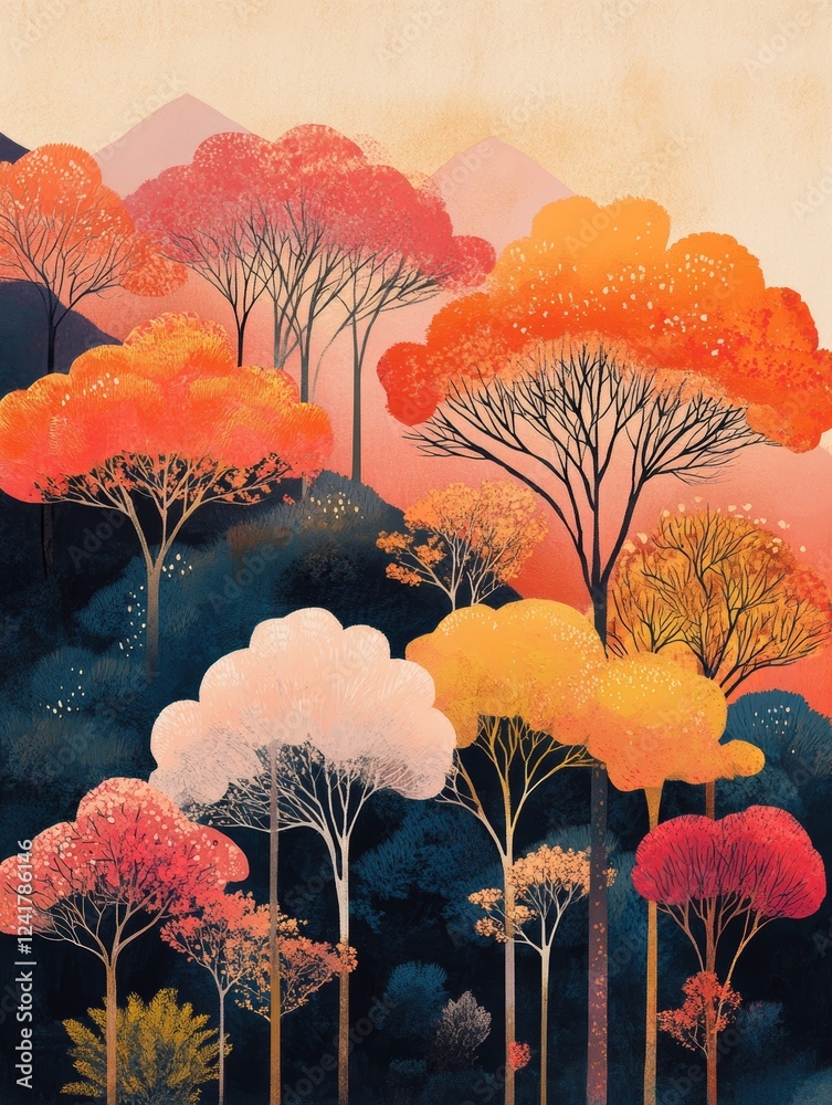 Gouache illustration of Flame trees in Madagascar, soft pastel color ...