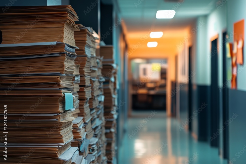 Towering stacks of yellowing paper files fill a narrow corridor ...