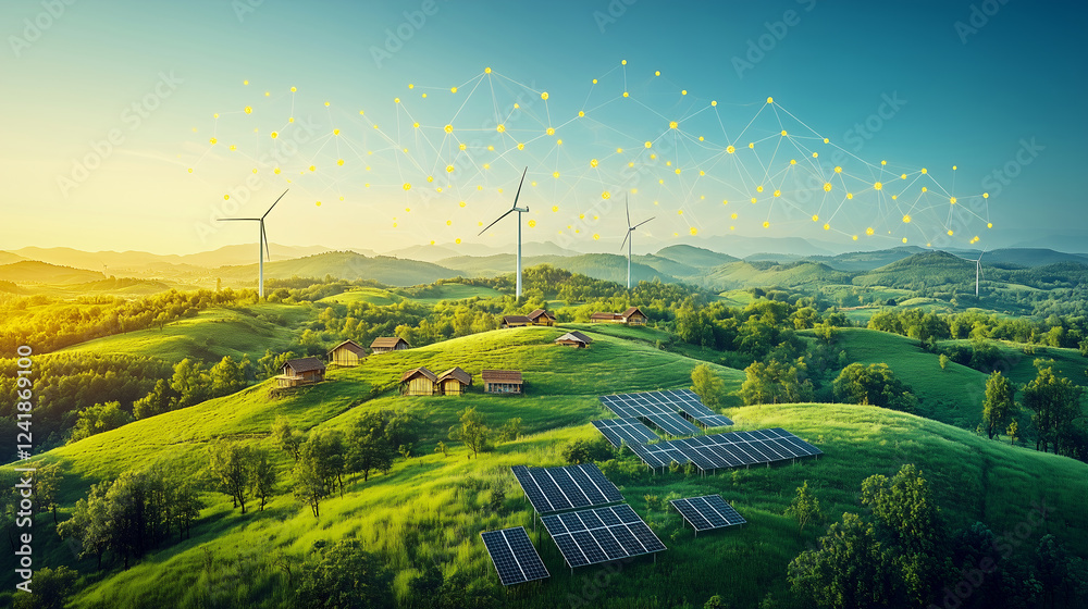 Smart sustainable village with solar panels wind turbines and connected ...
