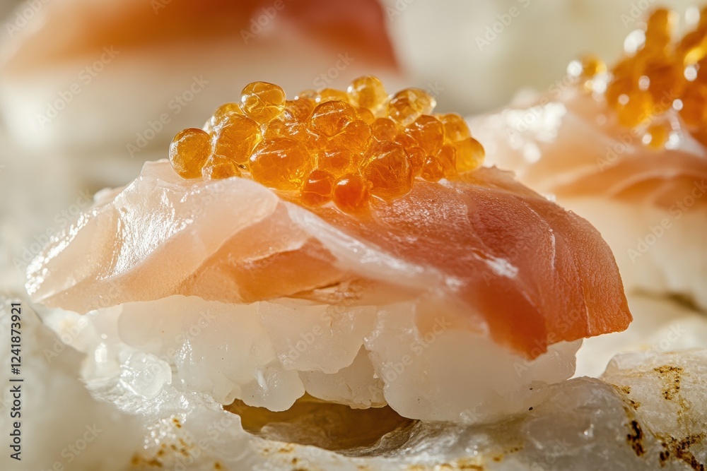 Salmon nigiri sushi topped with tobiko flying fish roe Stock Photo ...