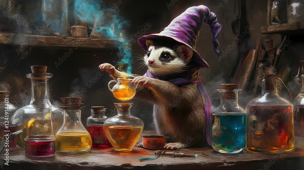 Ferret with a pointed wizard hat, mixing colorful potions in an ancient ...