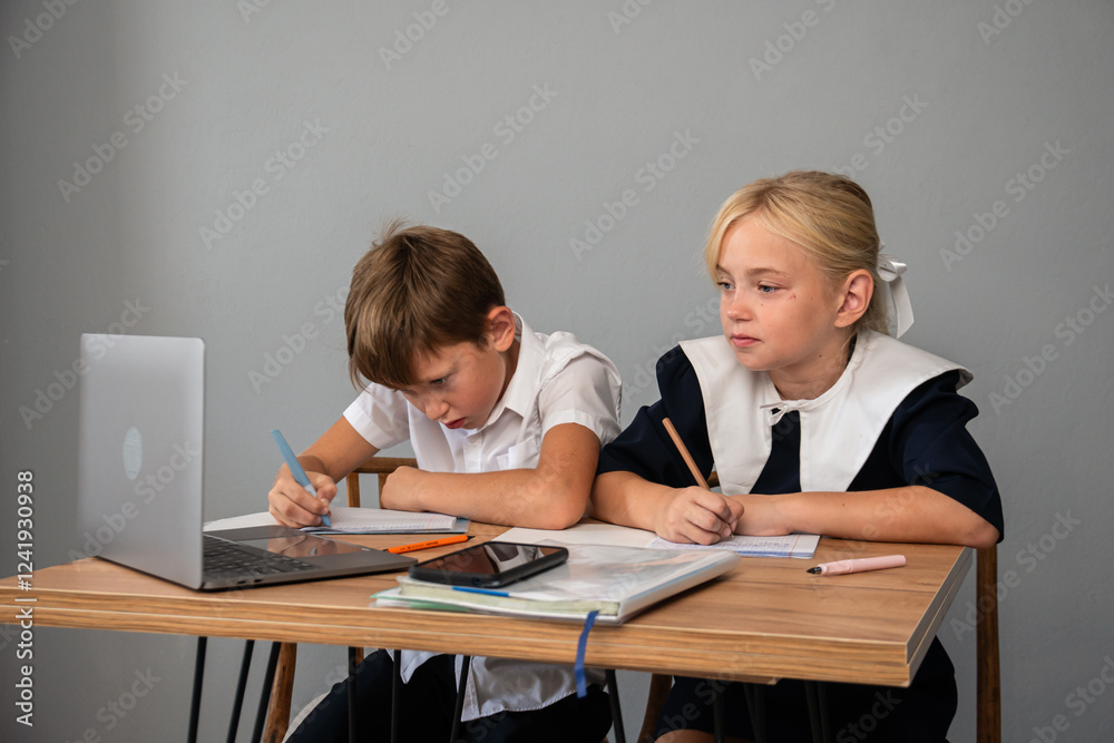 Children Schoolwork Home Studying - Two children in school uniforms are ...