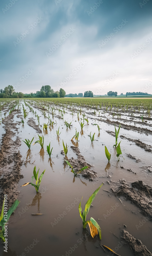 Waterlogged and flooded rice fields with furrows stand in stark ...