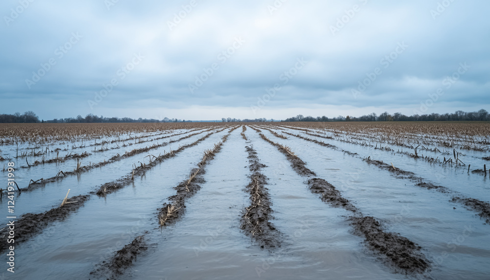 Waterlogged and flooded rice fields with furrows stand in stark ...