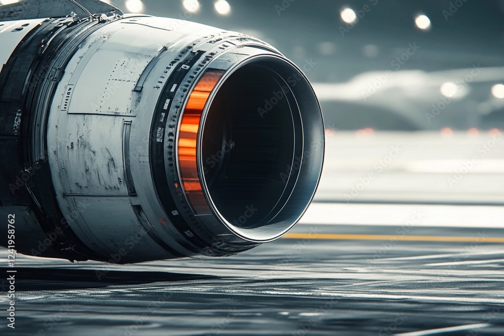A close-up of a jet engine on the runway with visible heat emanating ...