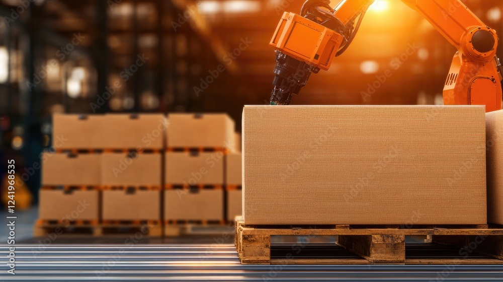 A robotic arm lifts a cardboard box from a pallet in a warehouse ...