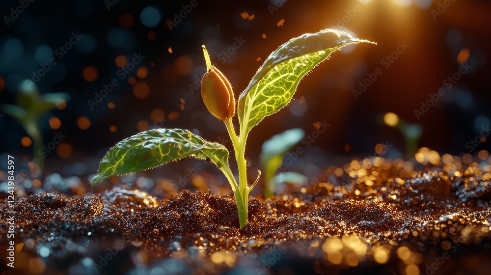 Green bean sprout emerging from fertile ground, detailed soil cross ...