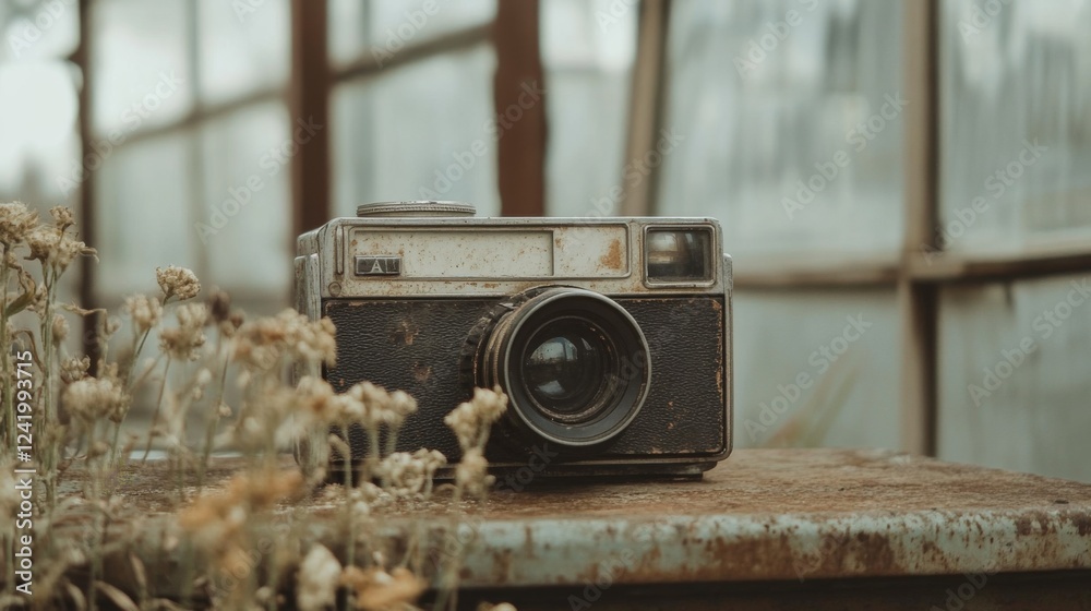 Vintage camera rests on rusty surface, greenhouse backdrop Stock Photo ...