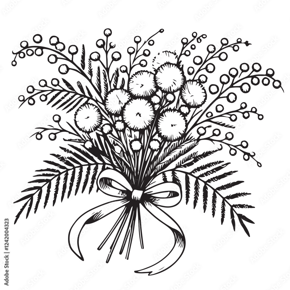 Vector illustration of spring bouquet mimosa tied with ribbon, simple ...