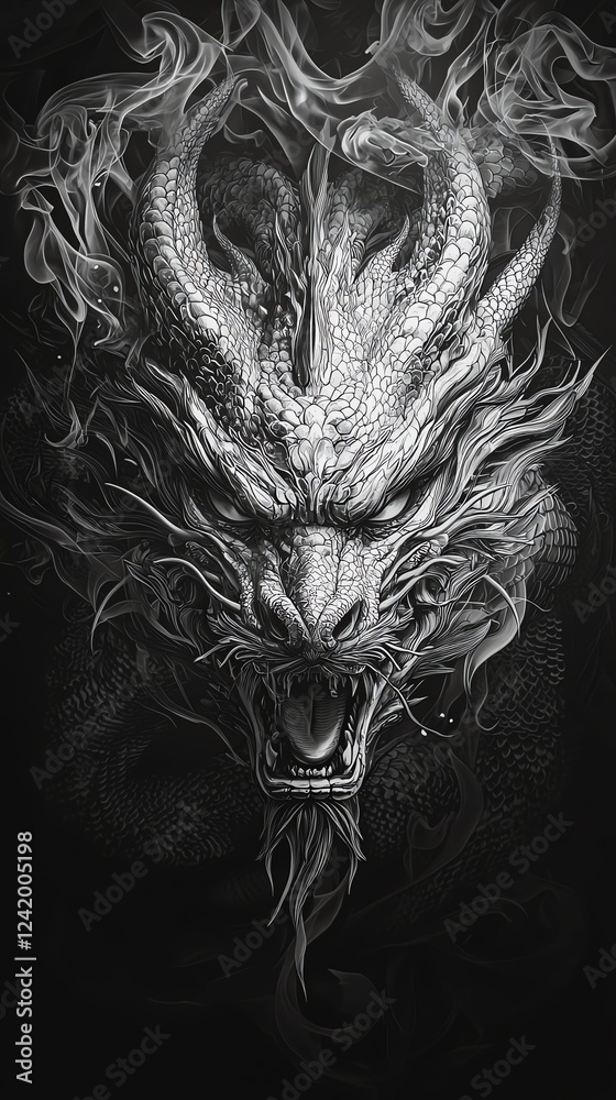 Black and white illustration of a dragon head, intricate scales, smoke ...