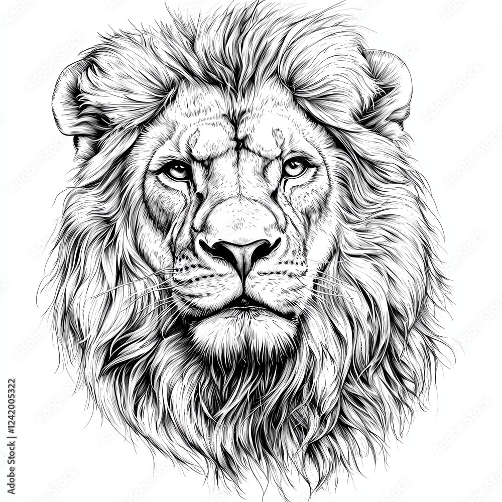 Black and white illustration of a lion head, majestic mane, pencil ...