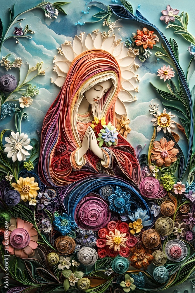 Colorful and detailed paper craft art of the virgin mary praying, with ...