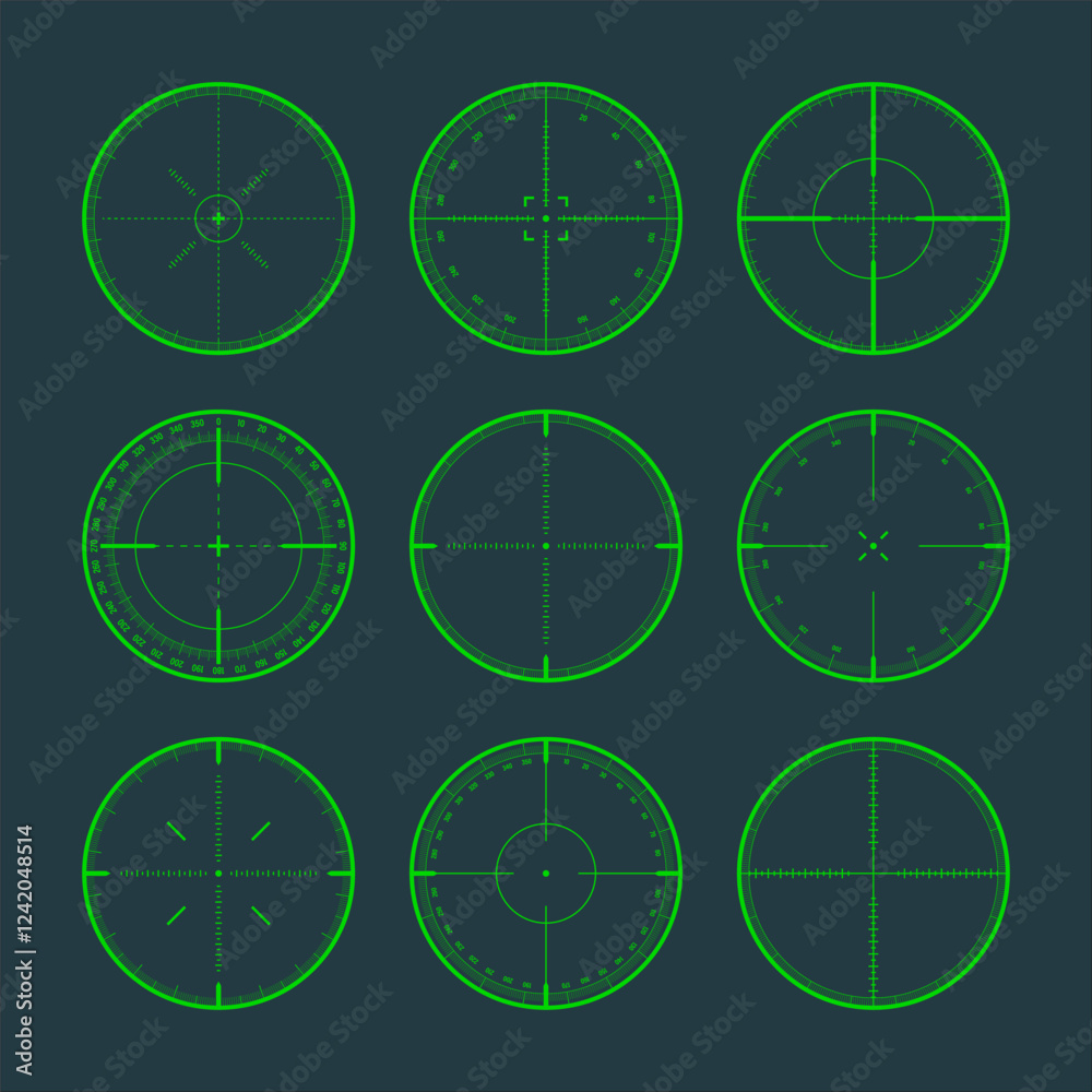 Vector de Stock Various sniper rifle sights with degree scale, weapon ...