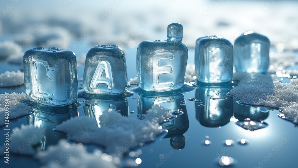 Ice letters spelling the word alive melting on a reflective surface ...