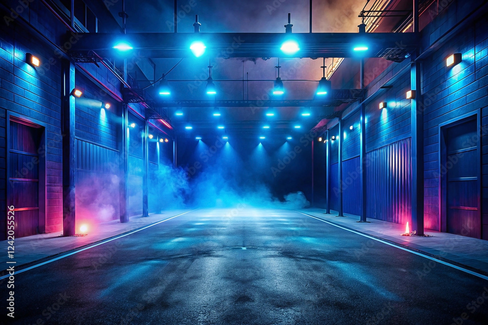 Neon-lit alleyway, smoky night scene, industrial backdrop, car racing ...