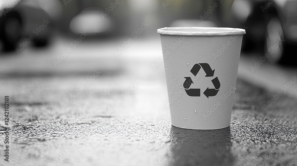 Cup with recycling symbol sits in a rain-soaked urban street ...