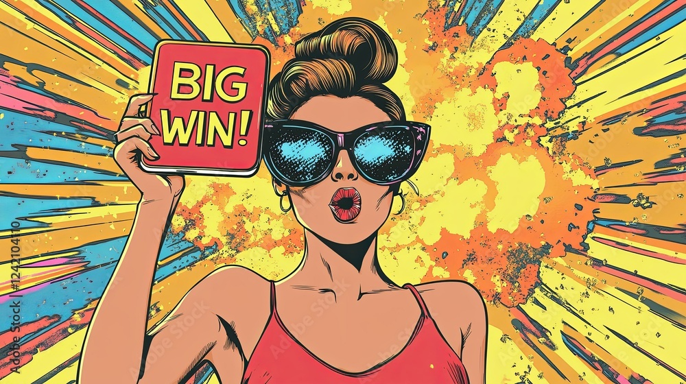 Pop art woman celebrates big win with explosion of vibrant colors and ...