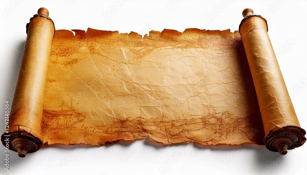 Old parchment scroll with curled edges and subtle stains, isolated on a ...