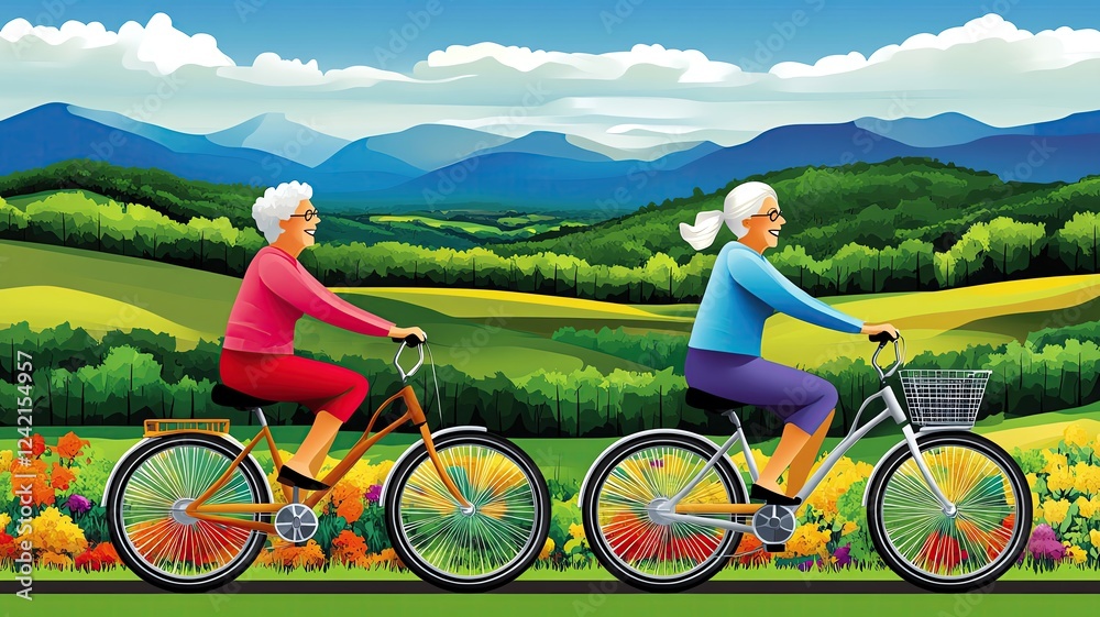 Elderly Wellness elderly couple laughing while riding bicycles together ...