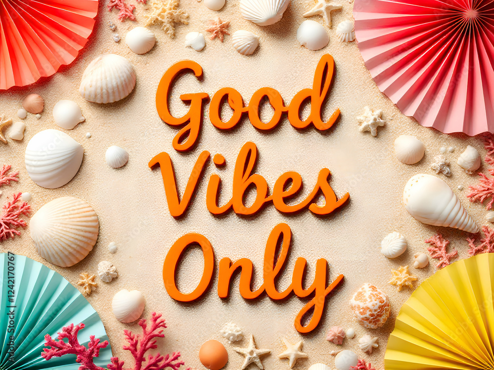 Good Vibes Only - Bold Cursive Letters with Beach Elements and Colorful ...