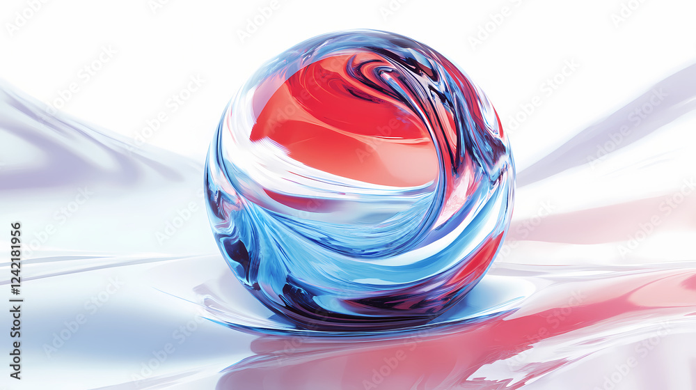 Shiny chrome sphere reflecting distorted image of reality on plain ...