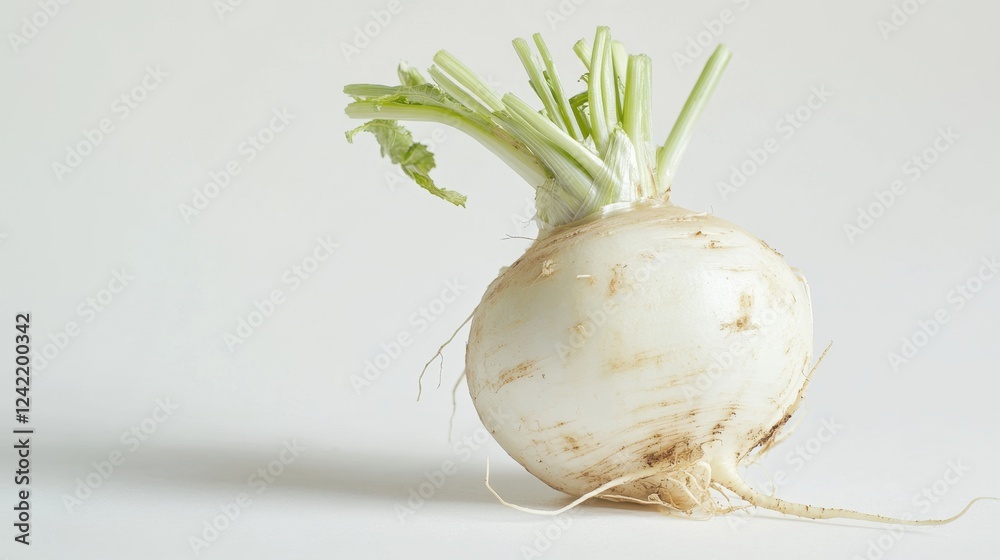 Stock-Foto „Crisp Turnip: A fresh, raw turnip, its rounded form ...