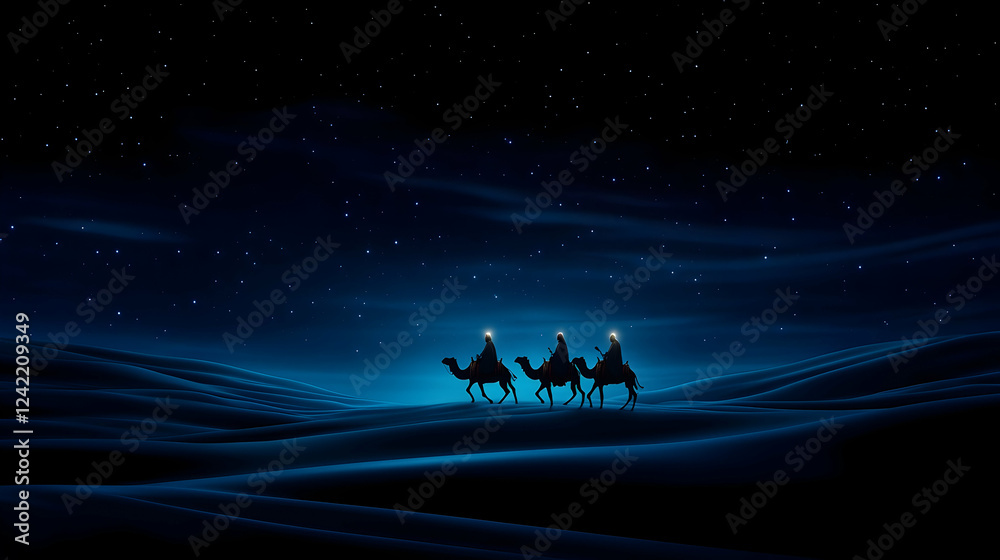 Three Wise Men camel journey, starry night desert, Christmas nativity ...