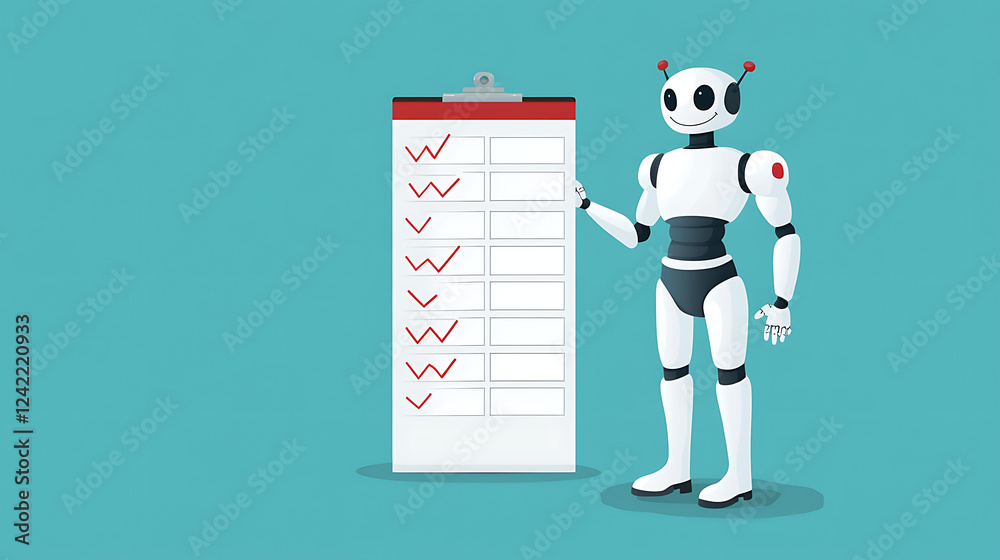 robot standing next to checklist with finished tasks, cartoon ...