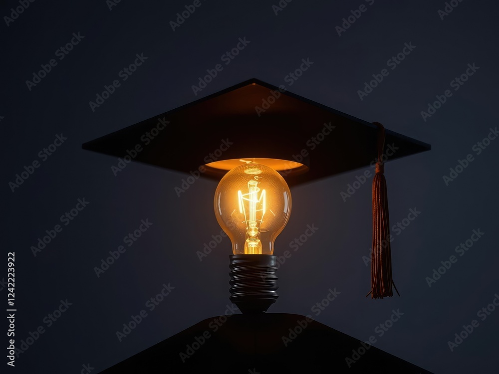 Light bulb on top of a graduation cap glows softly with a subtle ...