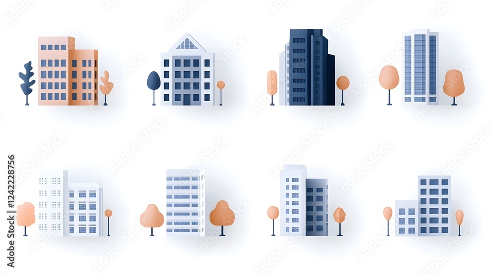 Stunning set of 12 3D architectural icons showcasing sleek modern ...