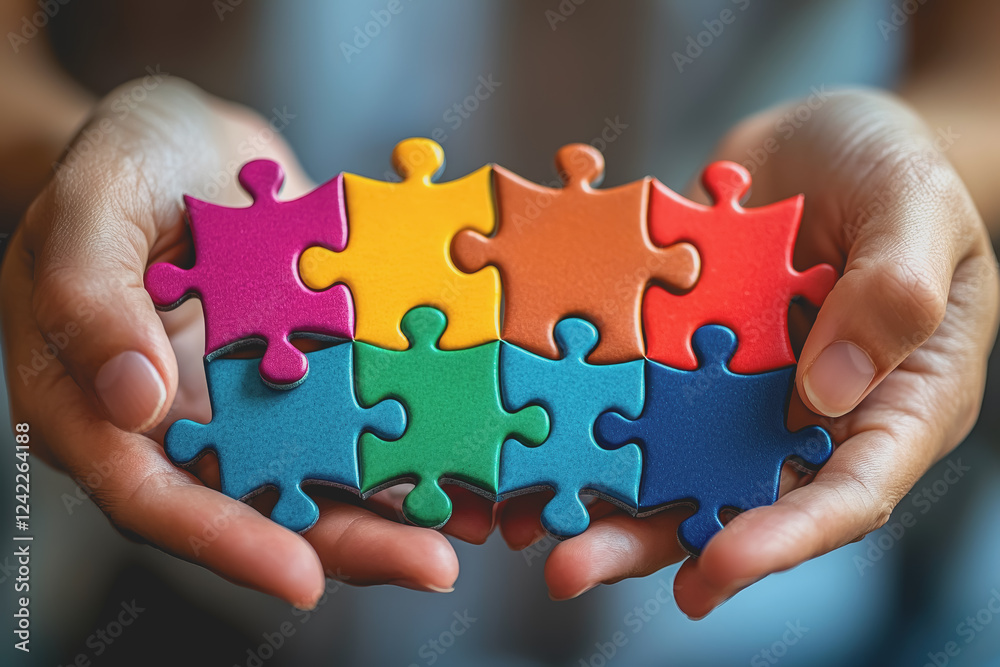 Hands holding colorful puzzle pieces for collaborative problem solving in team building ...