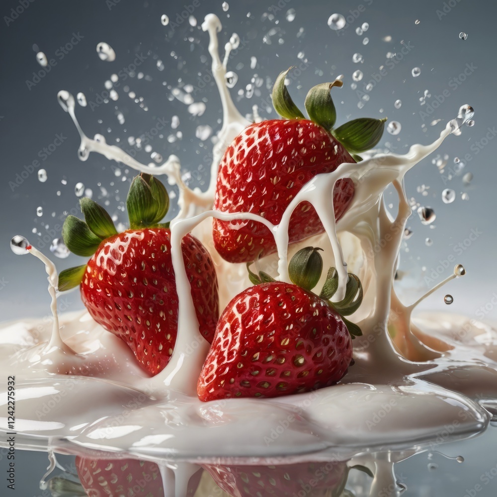 strawberry falling into milk splash Stock Illustration | Adobe Stock