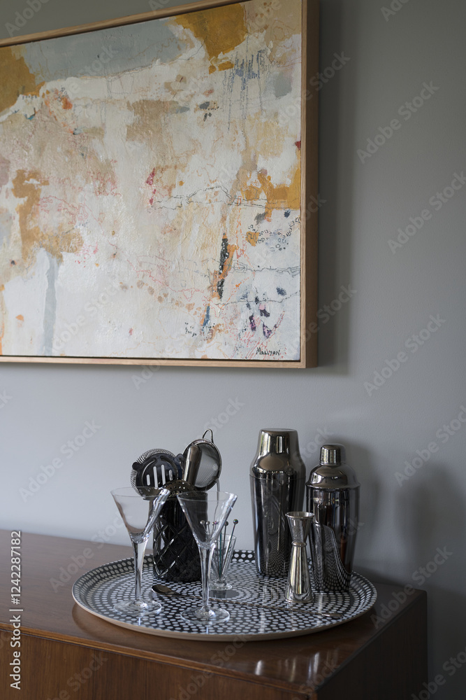 Elegant bar setup with artistic backdrop in modern interior design ...