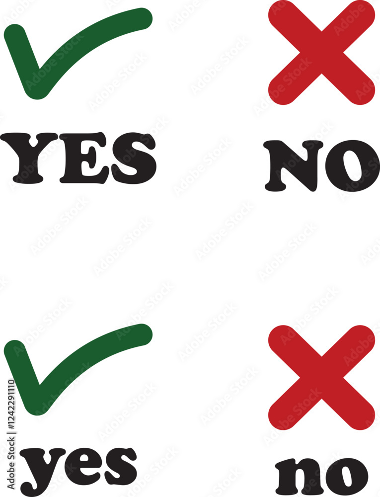 Sharp green checkmark and red cross icon set on isolated transparent ...