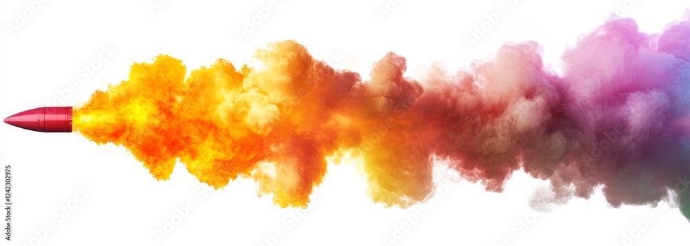 Red projectile launching, vibrant smoke trail, white background, design ...