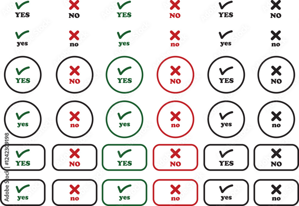 Sharp green checkmark and red cross icon set on isolated transparent background black vector ...