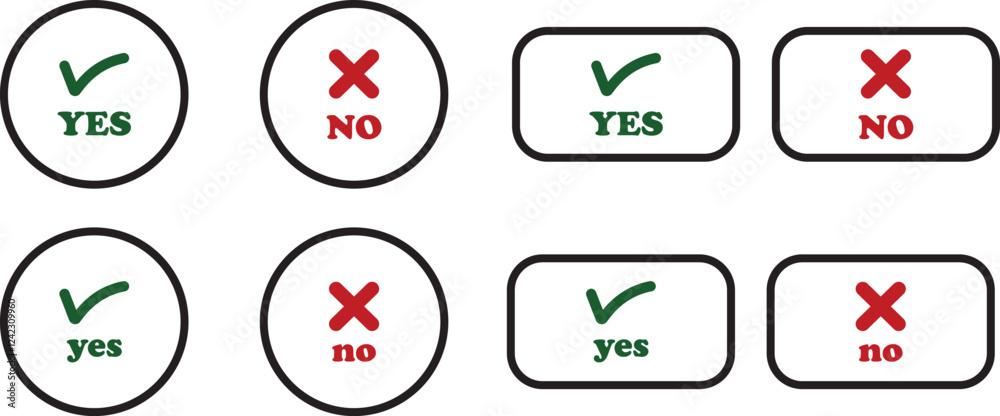 Sharp green checkmark and red cross icon set on isolated transparent ...