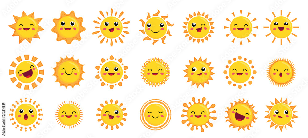 Sun characters drawing clipart set. Sun emoticon clip art yellow ...