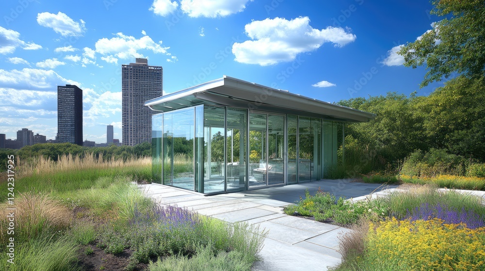 Rooftop sunroom with glass walls and an extended roof overhang. Stock ...