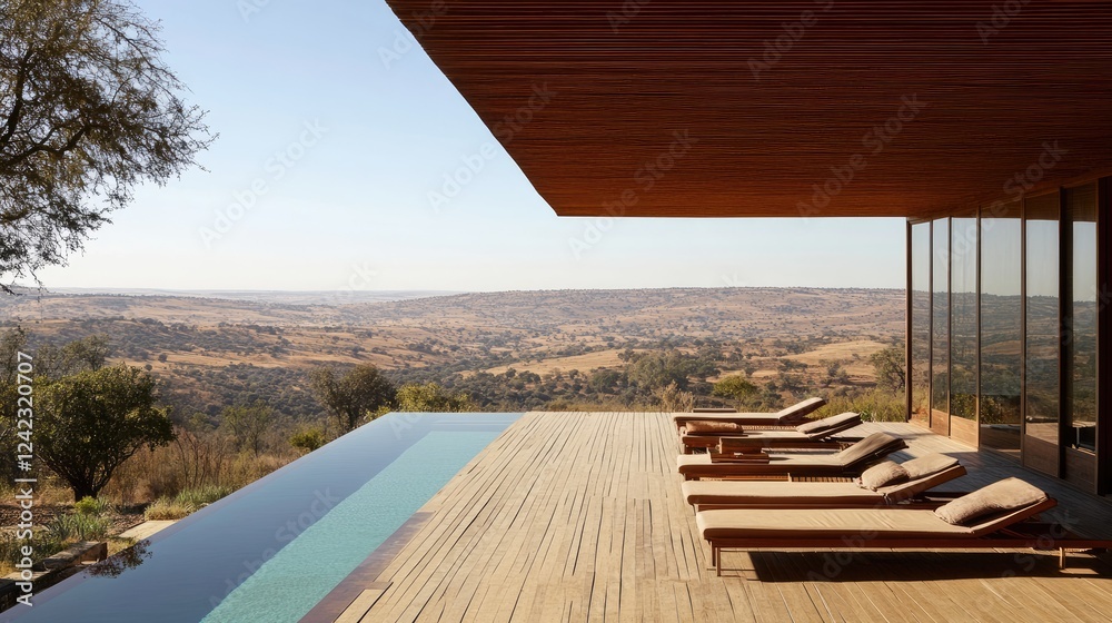 Stylish viewing deck with a cantilevered roof extending over lounge ...