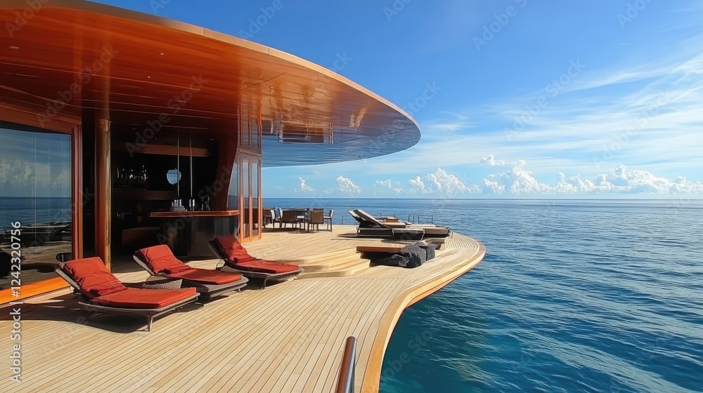 Stylish viewing deck with a cantilevered roof extending over lounge ...