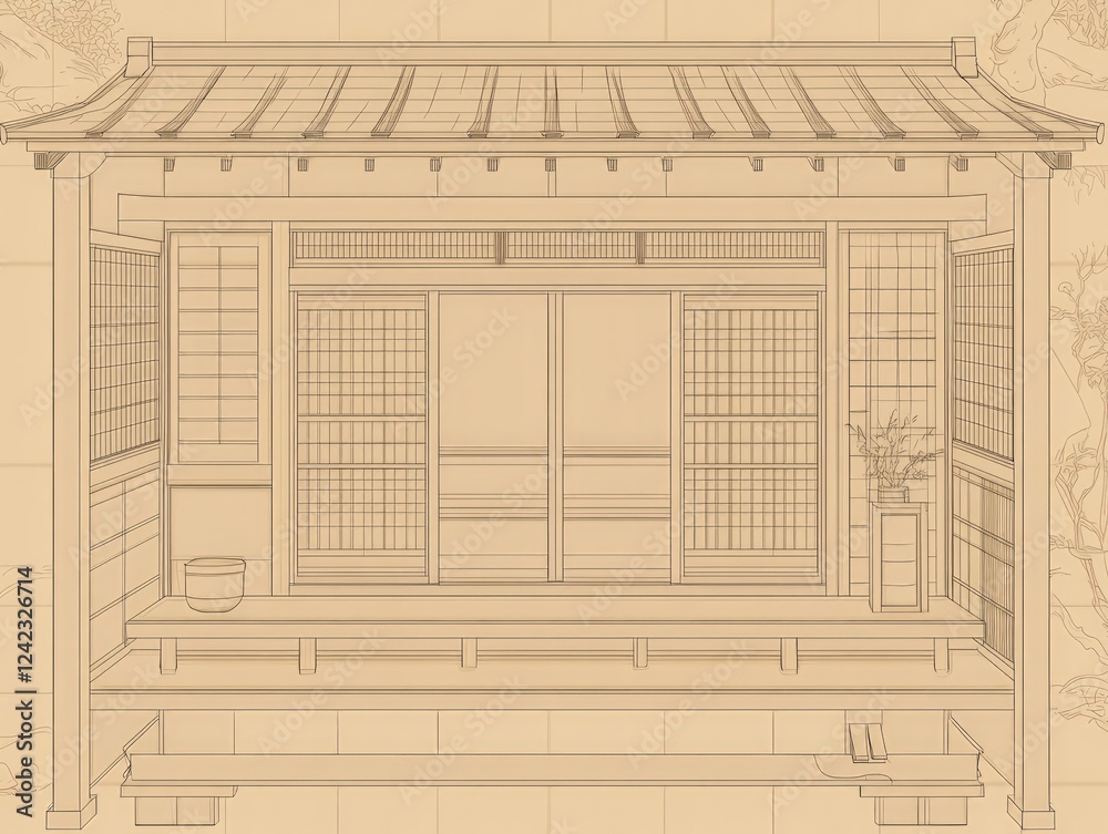 Architectural Design: A Detailed Line Drawing of a Traditional Japanese ...