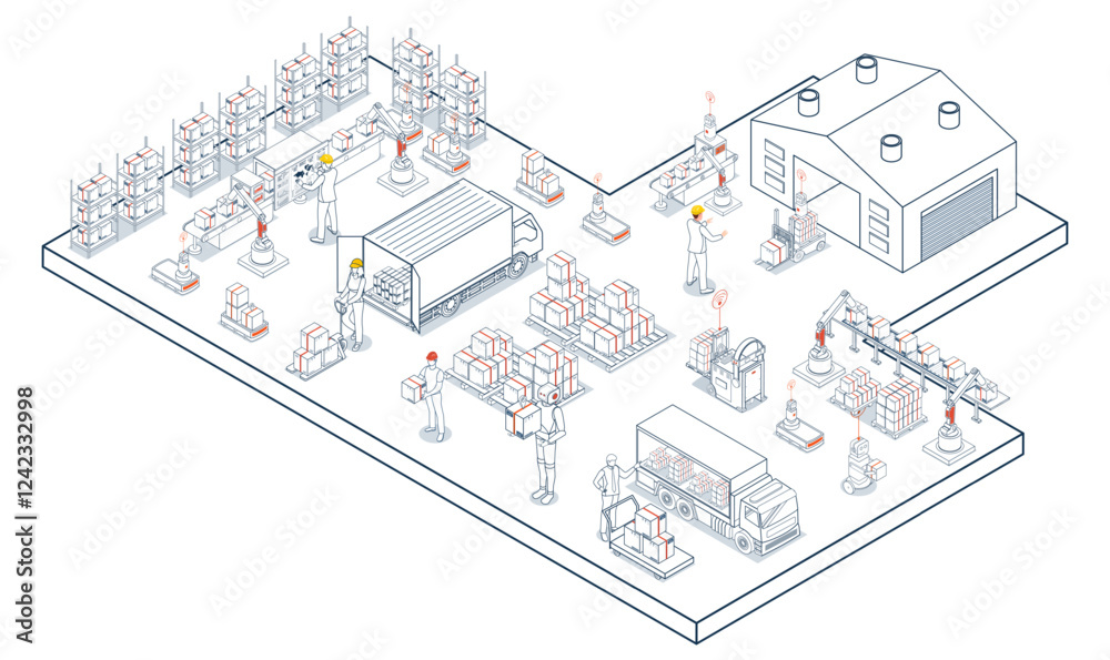 Warehouse logistics with workers loading products onto trucks, supported by AGVs, and AMRs for ...