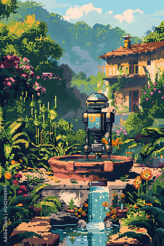 Illustrate a pixel art version of a Robot Chef in an Impressionist ...
