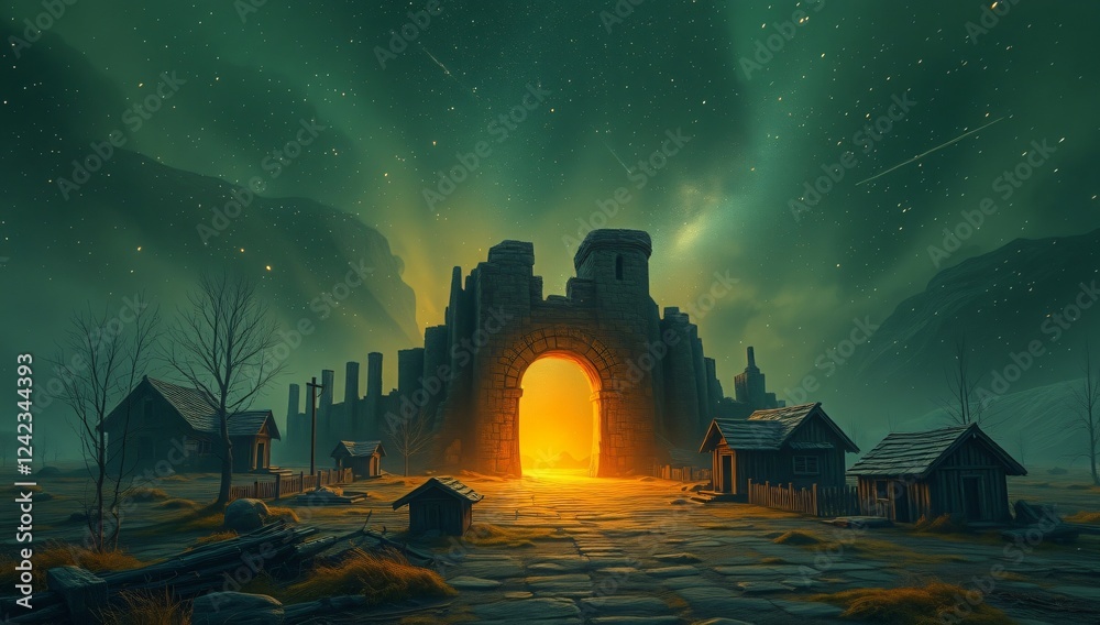 Mystical Rune Gateway in a Forsaken Village – A glowing archway stands ...
