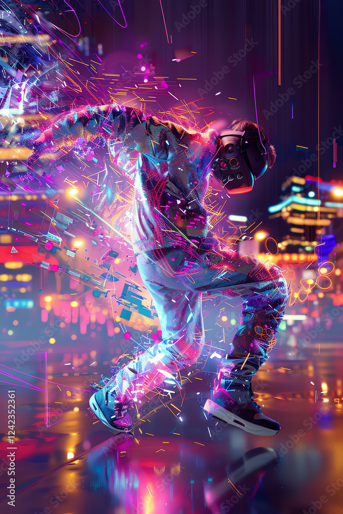 Transcend boundaries with a futuristic 3D rendering of a hip-hop dancer mid-routine, combining ...