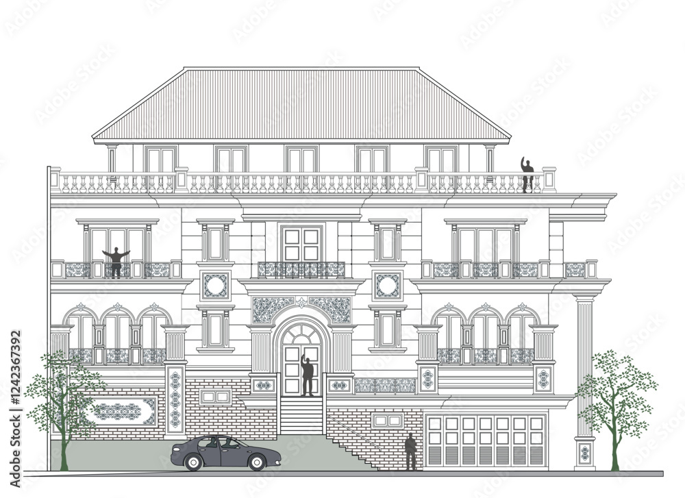 Facade of 4 storeys asymmetrical modern classic building with 3 doors ...