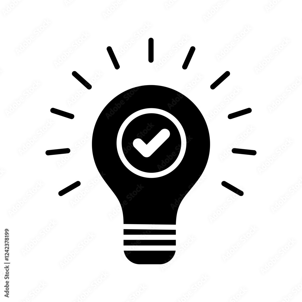 black bulb with checkmark like quick tip icon. flat stroke linear ...