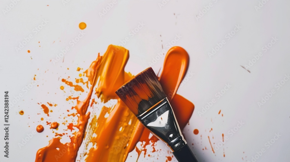 Top view of a paintbrush with orange paint creating vibrant splashes on ...